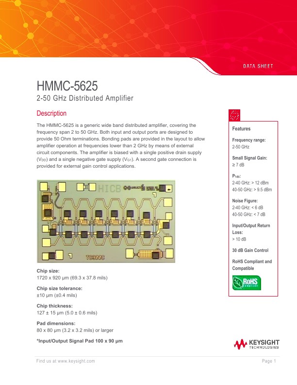 HMMC-5625 – 2-50 GHz Distributed Amplifier PDF Asset Page | Keysight